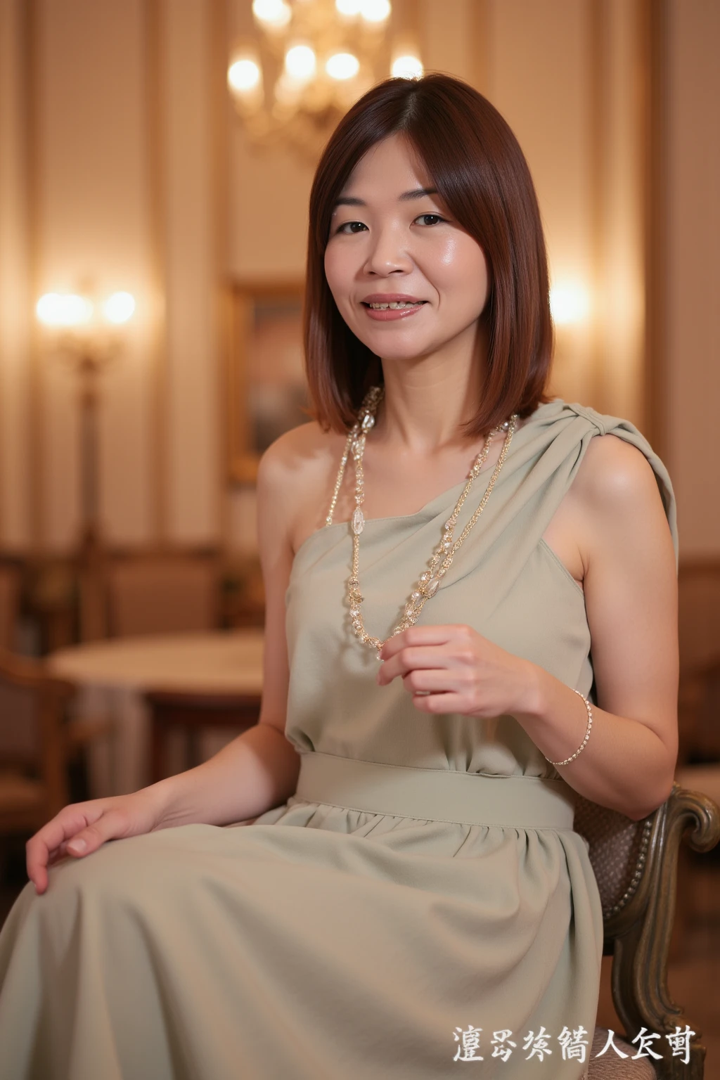 girl 、Alone、 fashion models , in a nice dress , Indoor with Chandeliers ...