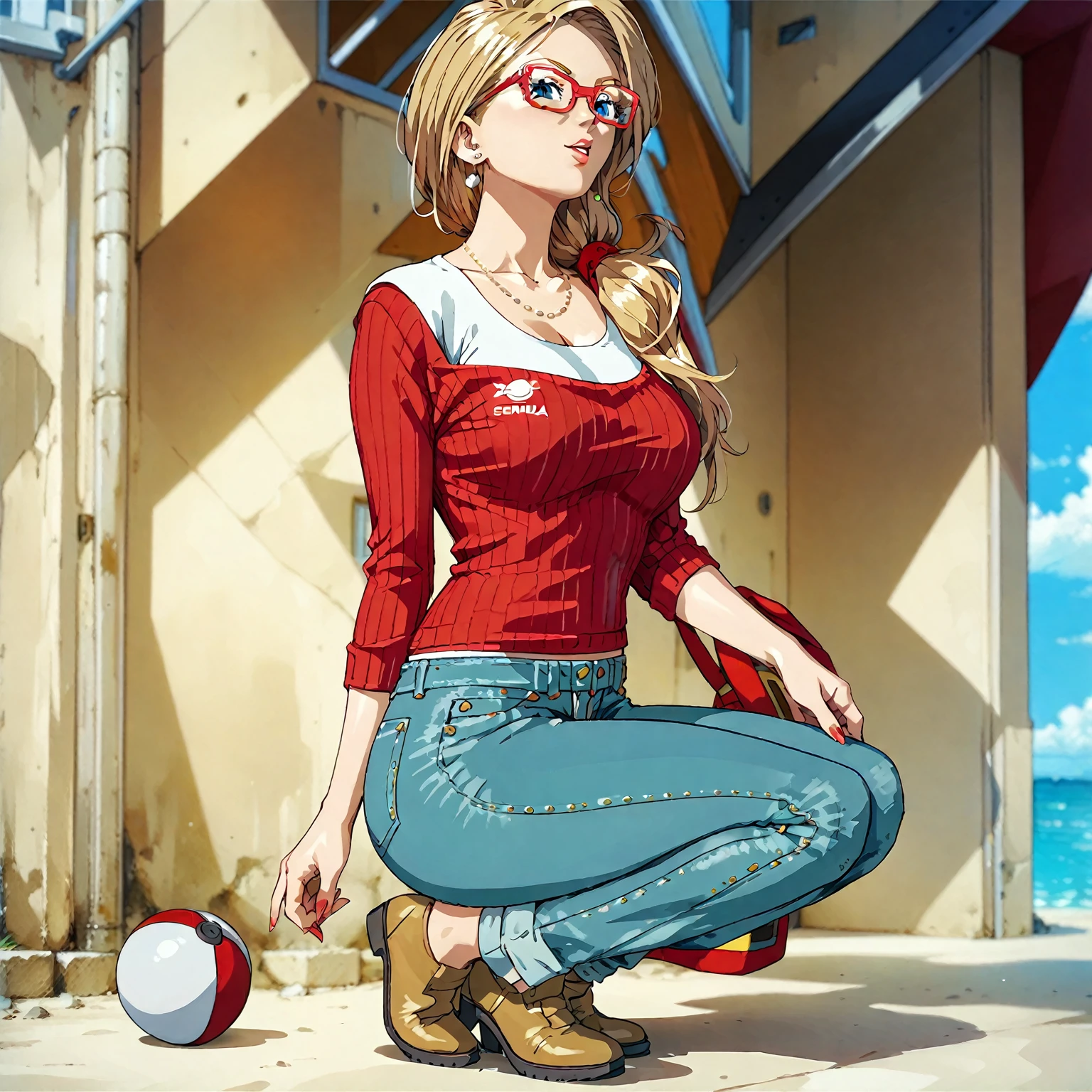 Bulma from anime Dragón ball,(Red sevre glasses),(Jeans),(Full body ...