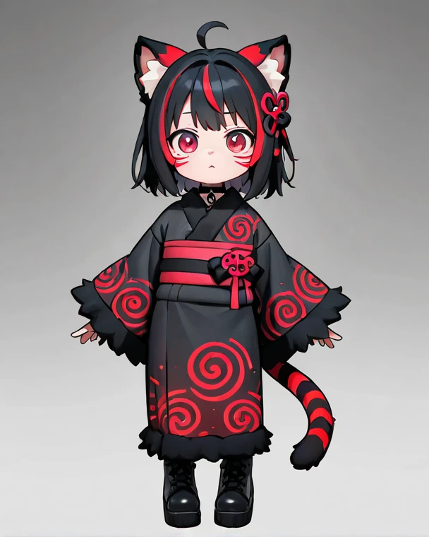 Girl, young, fluffy cat tail, cat eyes, fur body, black with red swirl ...
