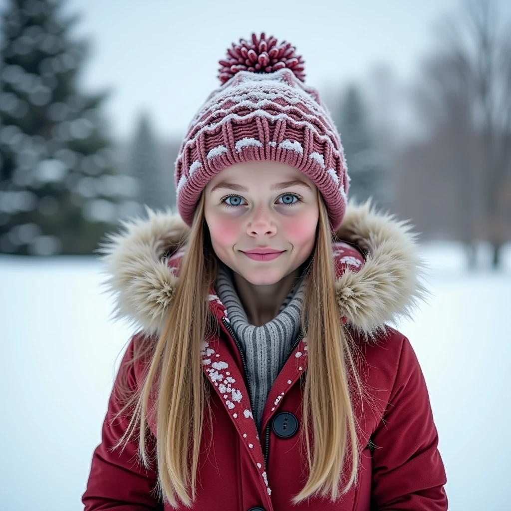 The image shows a woman in winter clothes against a snowy landscape ...