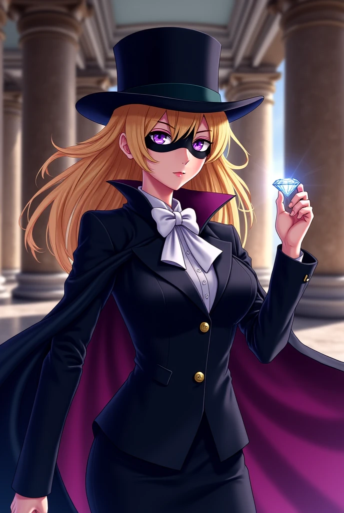 Anime woman, Blonde hair, purple eyes, dressing up as a phantom thief ...