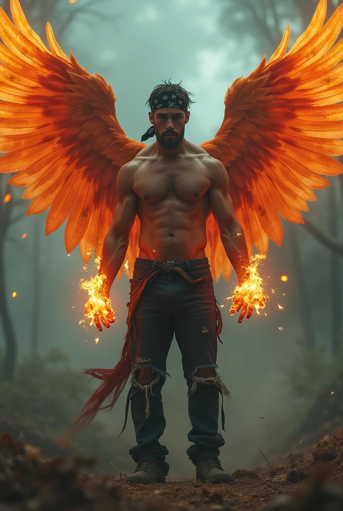 Creates an image of a man with Phoenix wings flying in the middle of a ...