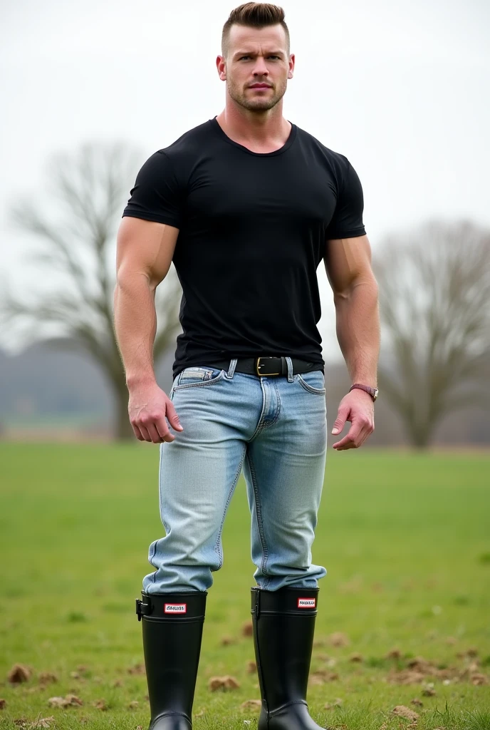 The bodybuilder, dressed in high black rubber boots, is wearing light ...