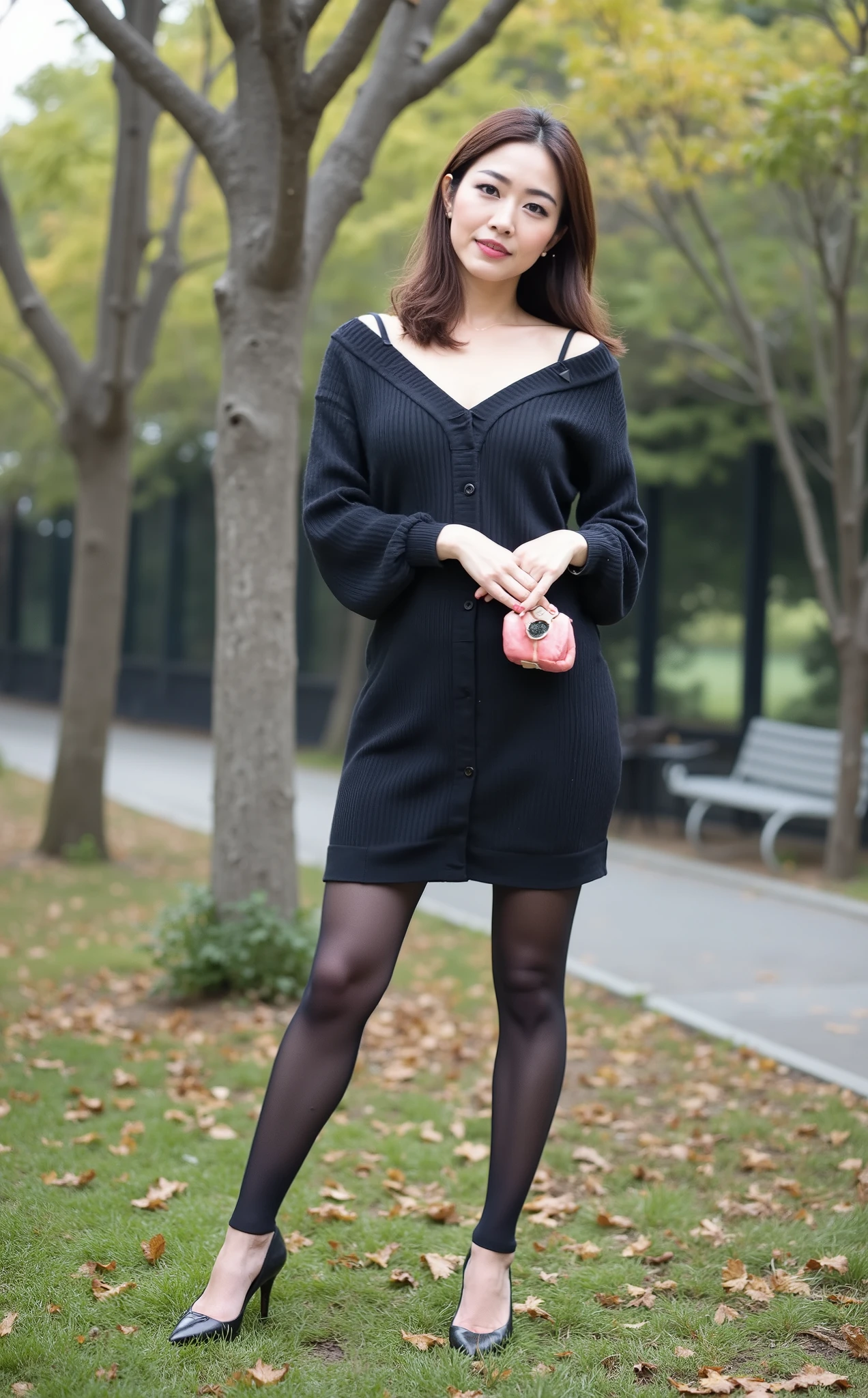 Araffe woman in black dress posing in park with trees and bench - SeaArt AI