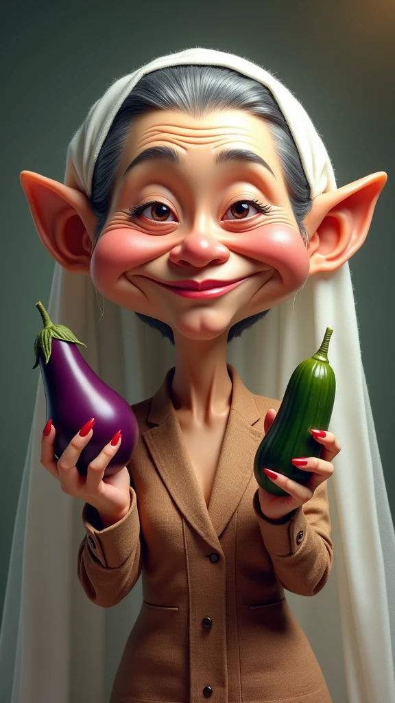 An old asian bourgeois woman, wearing a veil over her head, thick lips ...