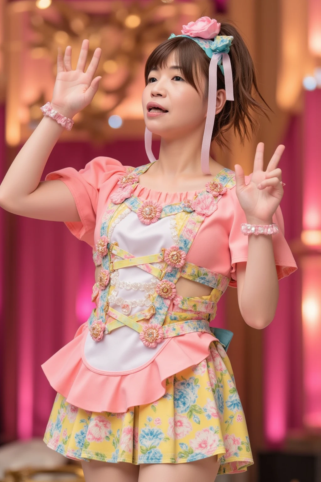 girl 、Alone、 female idol wearing colorful frill idol costumes - SeaArt AI