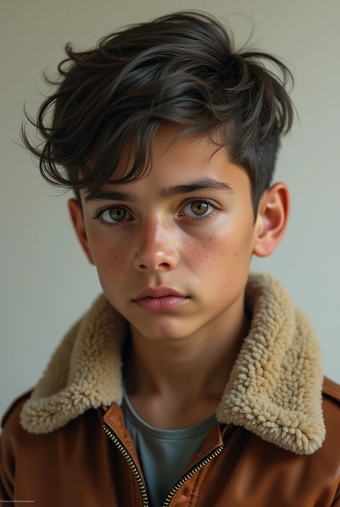 A realistic male boy wearing a flight jacket and looking me in the eyes ...