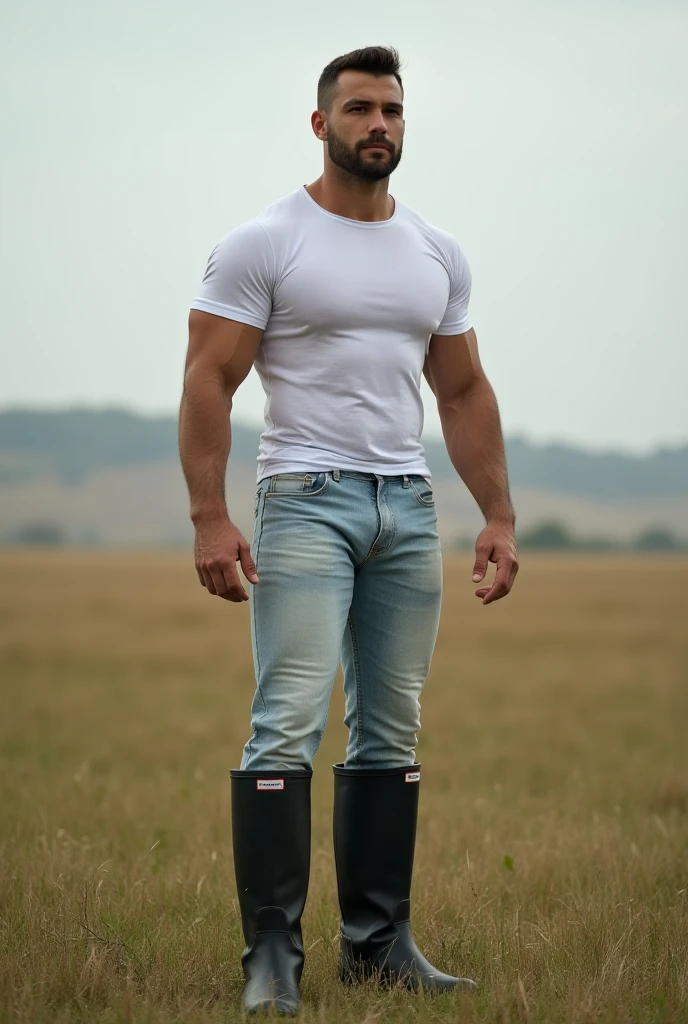 The bodybuilder, dressed in high black rubber boots, is wearing light ...
