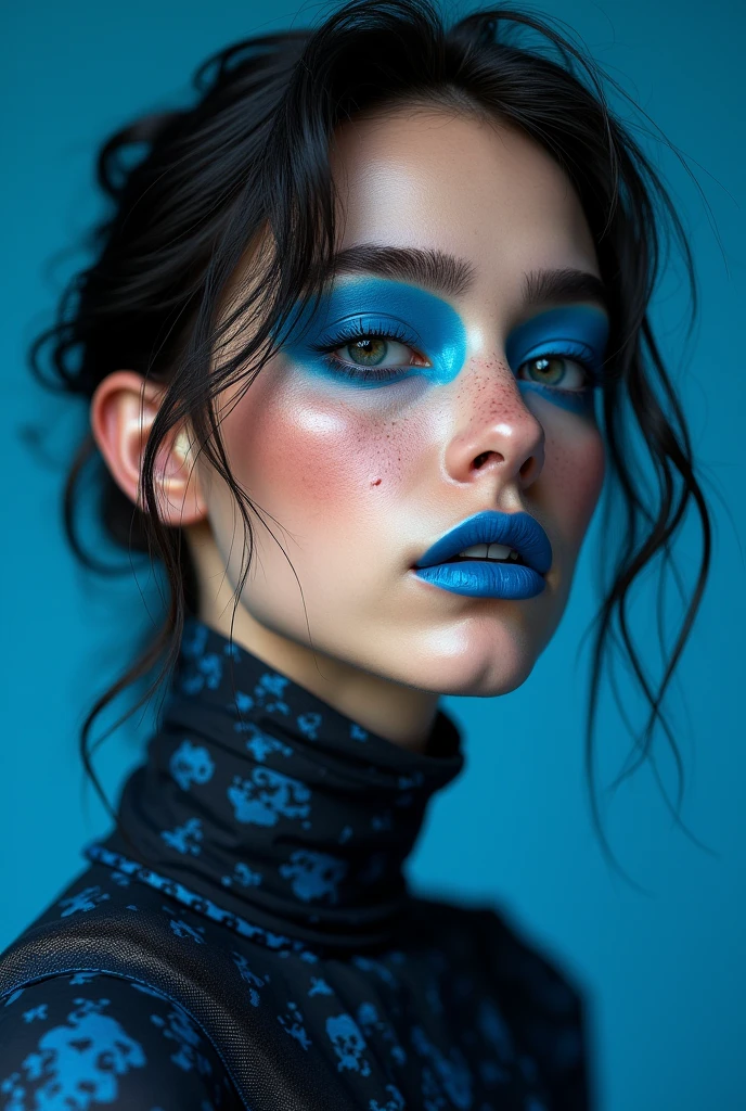 Young blueelf woman with striking blue makeup, including vibrant blue ...