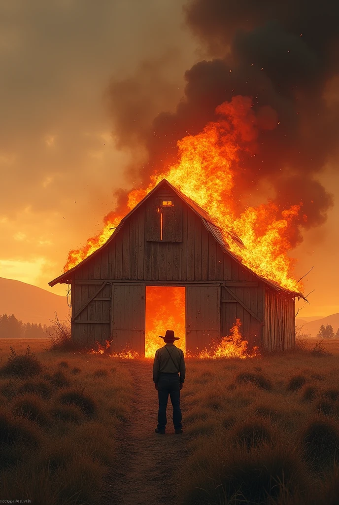 Burning barn on farmer's farm - SeaArt AI