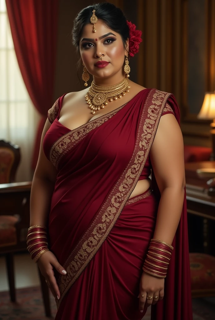 The scene unfolds in a grand, opulent study room with warm, soft ...