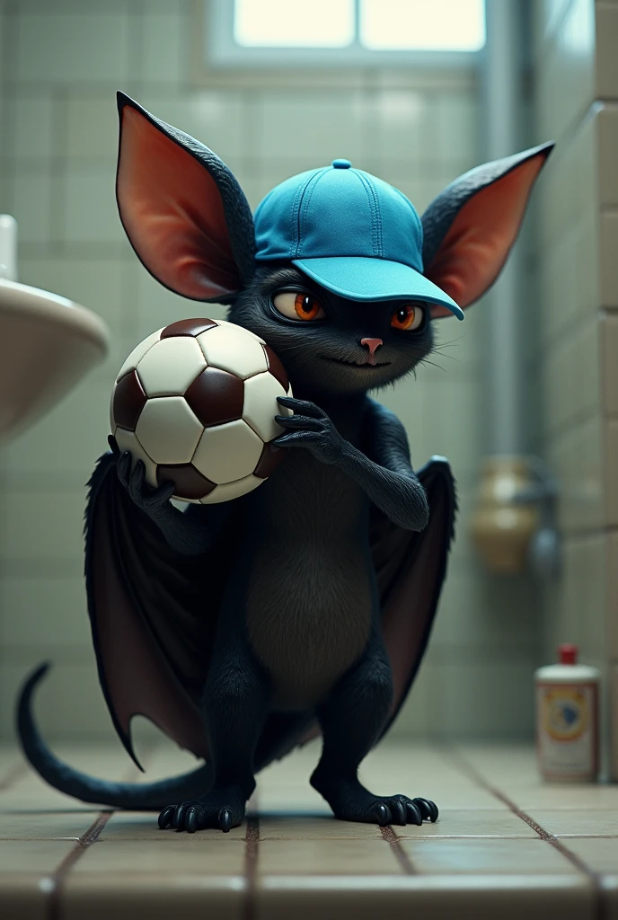 Black bat with a blue cap and a soccer ball on its leg taking a selfie ...