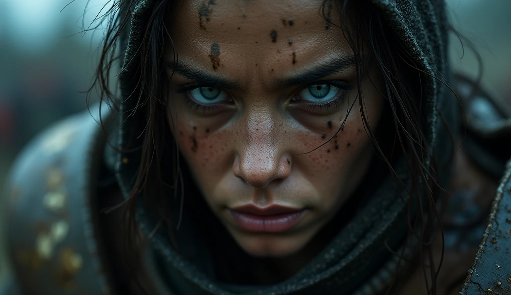 A close-up shot captures a warrior's face, etched with resolve and ...