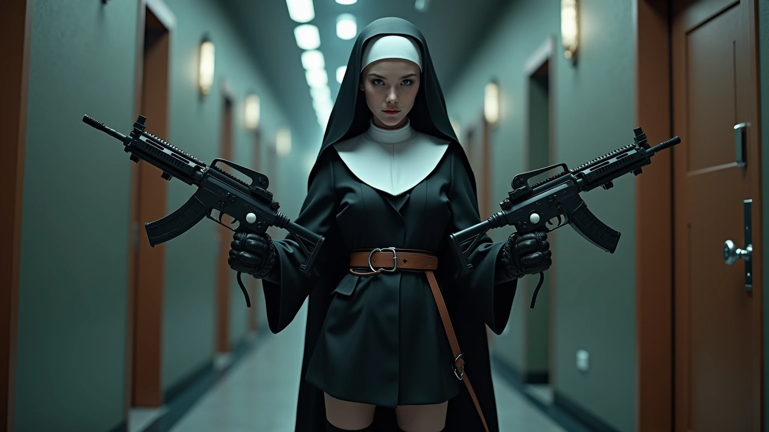 A fullbody nun,atomic heart,her face is human but body is machine ...