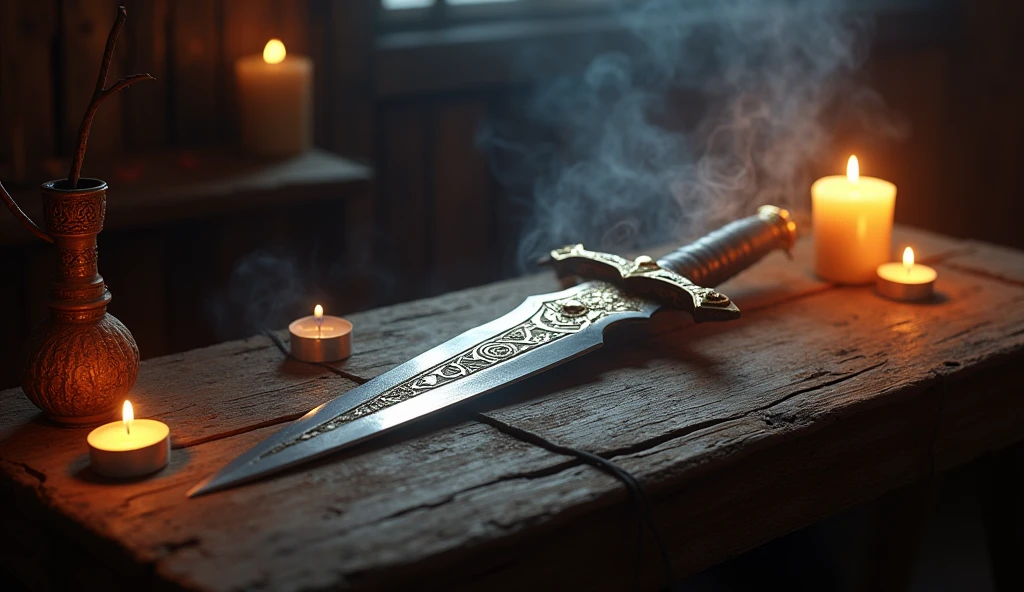 Venelated dagger, ancient dagger, with aura around, wooden table ...