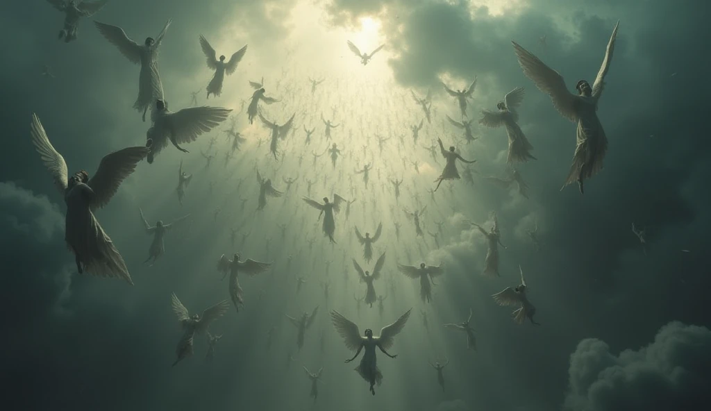 There are many angels falling from the gray sky like an apocalypse ...