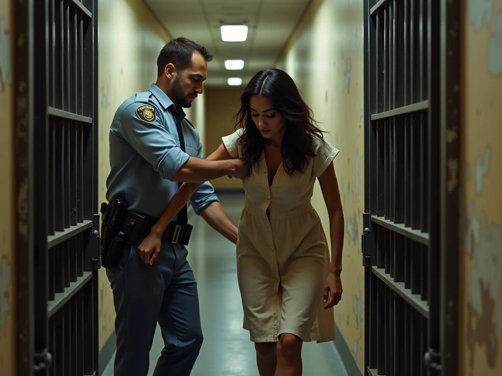 A close up low angle shot of a jail guard in uniform escorts a ...