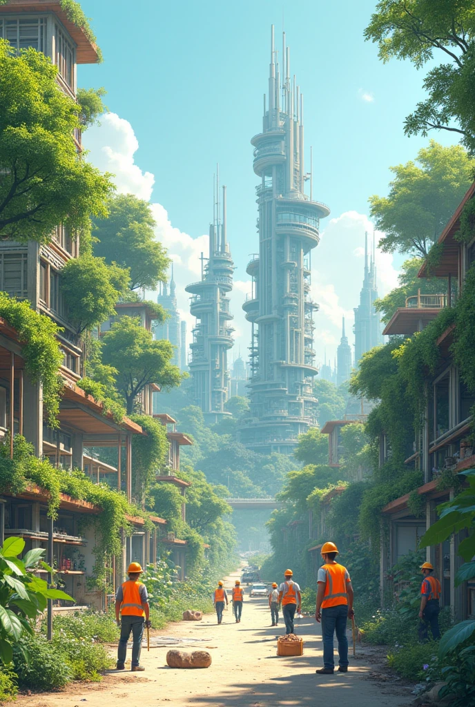 A detailed illustration of an 'ecological' city, with humans working at ...