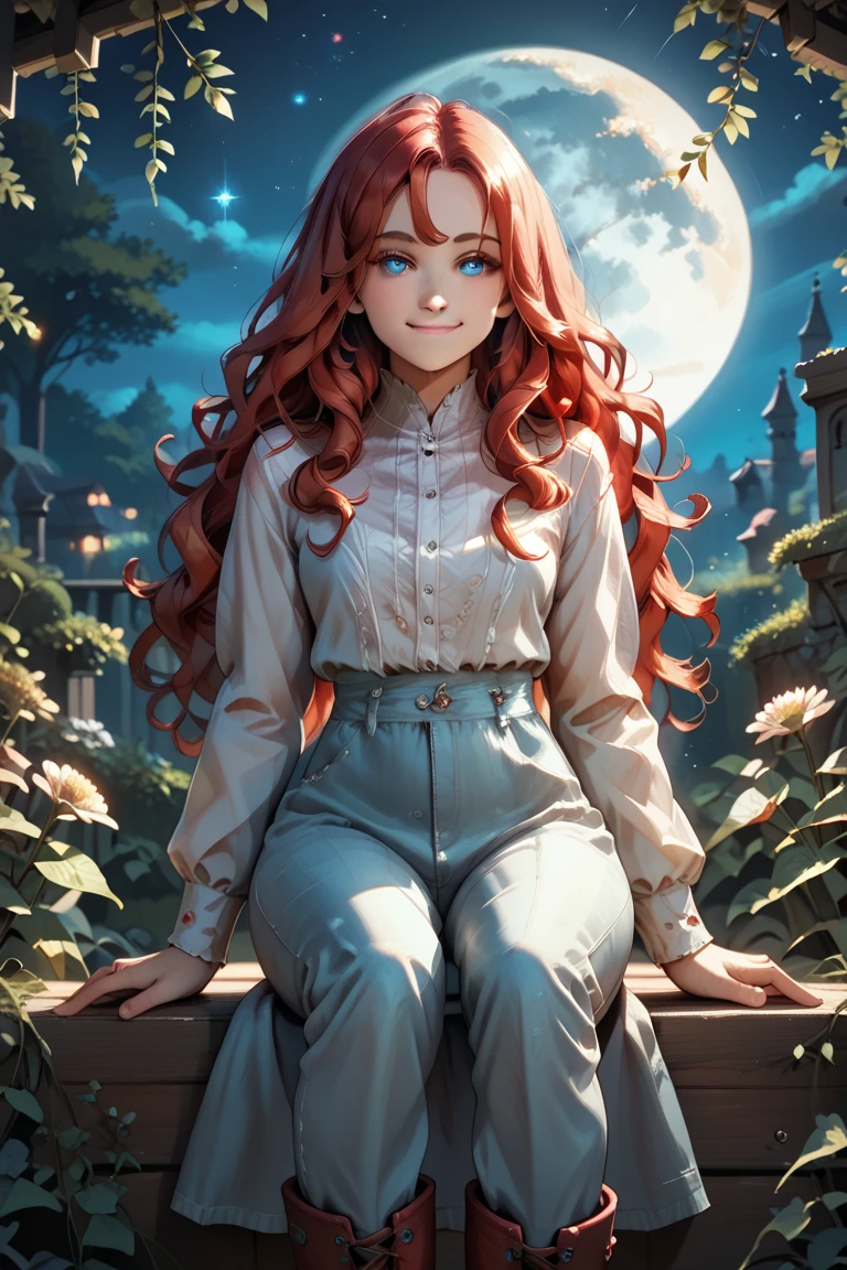fae with long wavy red hair and blue eyes, looking at viewer - SeaArt AI