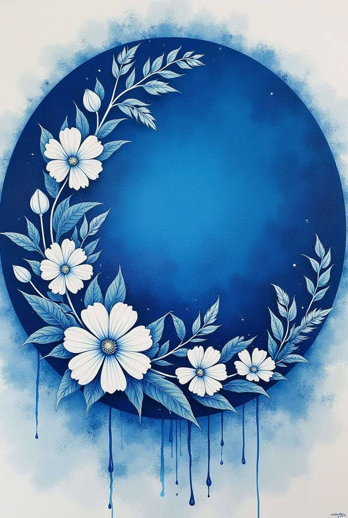 A close-up of a blue circle with white flowers, leaves, brush and ...