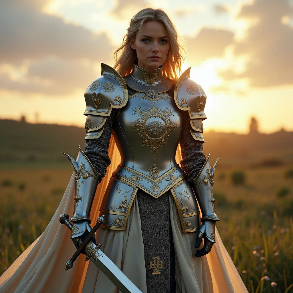 A strikingly beautiful female knight stands in a commanding pose ...