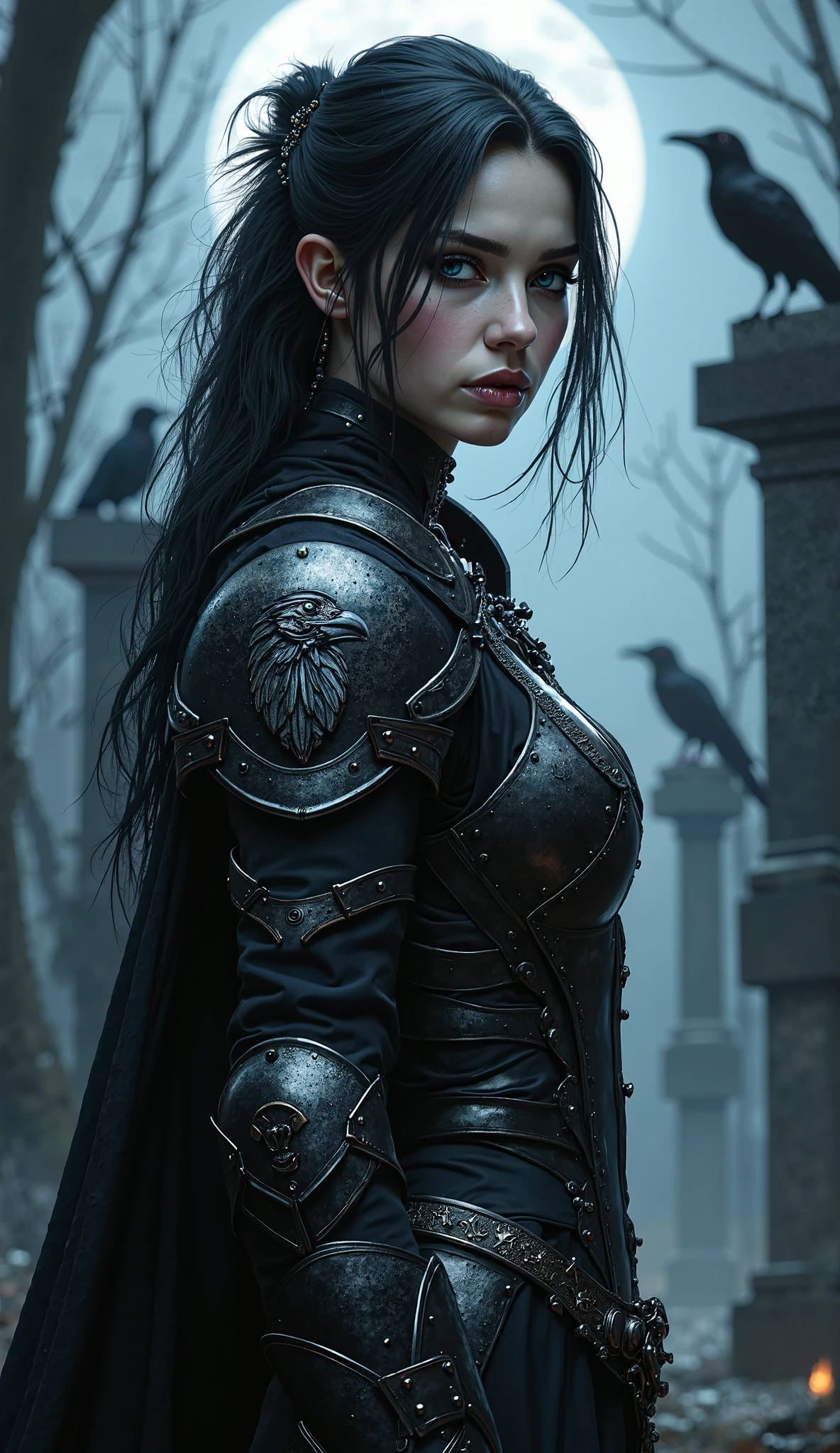 Arafed woman in armor with a crow on a cemetery - SeaArt AI