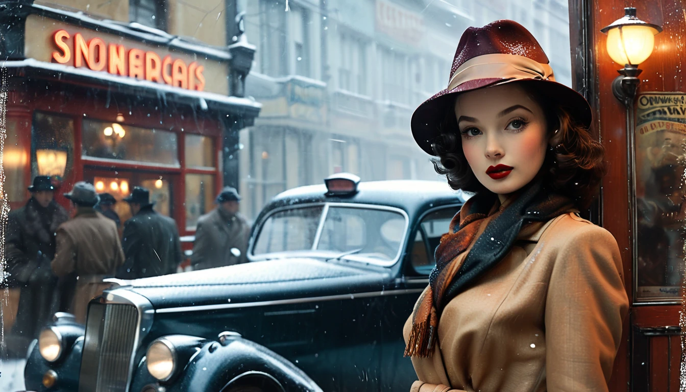 1940's 1950's Noamerican Snowy Night Bar entrance、 Beautiful woman ...