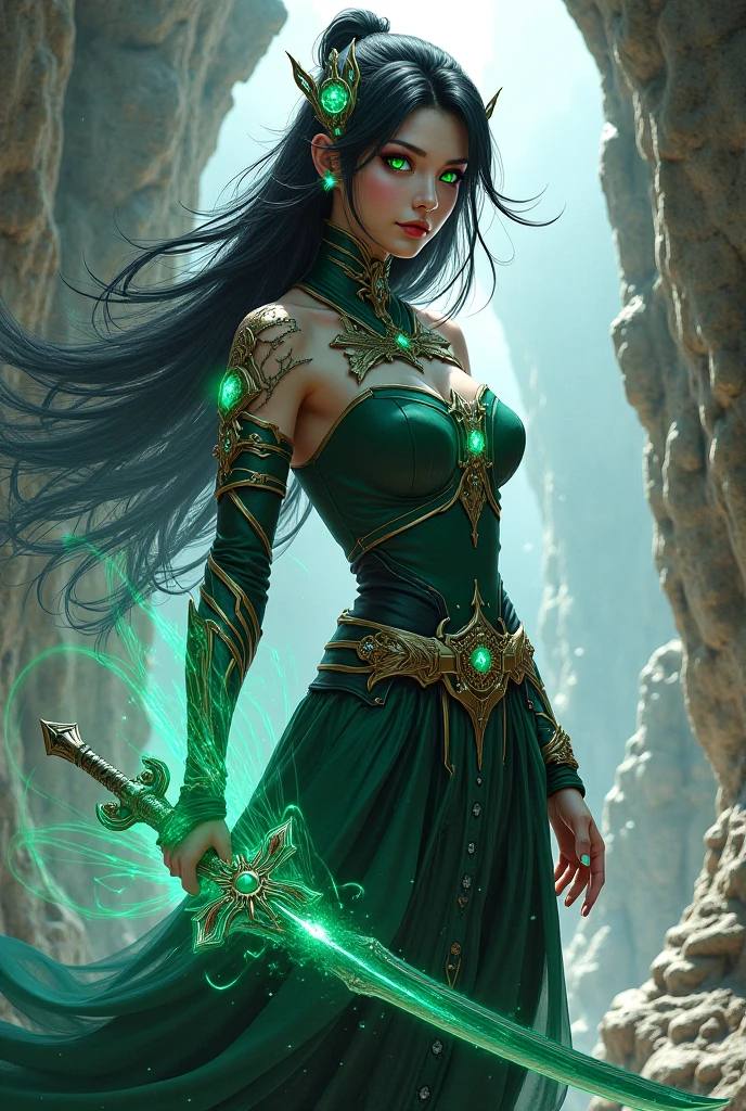 Genshin girl green eyes and black hair element geo weapon catalyst ...