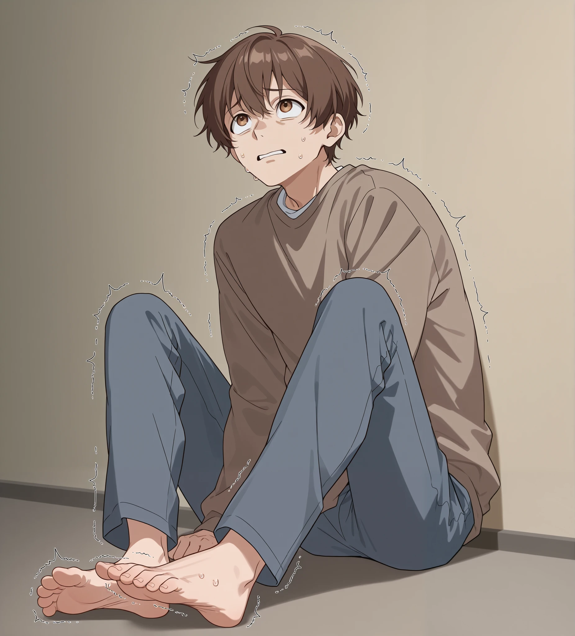 Anime boy sitting on the floor with his feet crossed - SeaArt AI