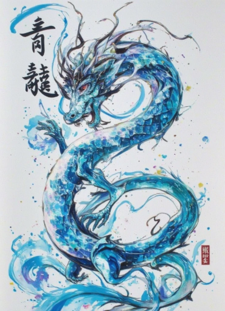 Seawater blue scaly dragon, red eyes, soft sea blue fur mite - SeaArt AI