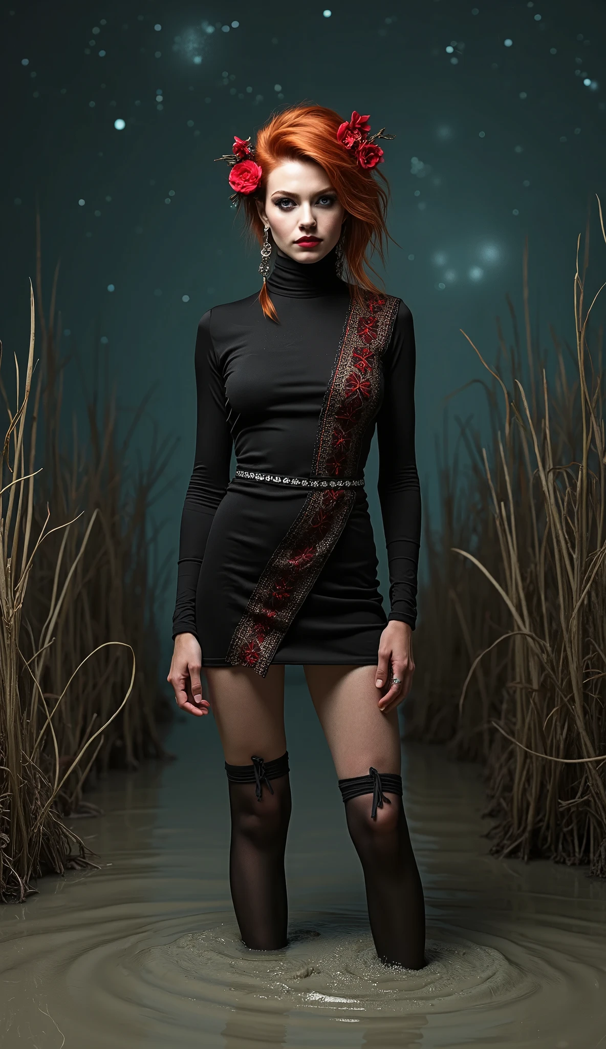 There is a woman in a black dress standing in a body of water - SeaArt AI
