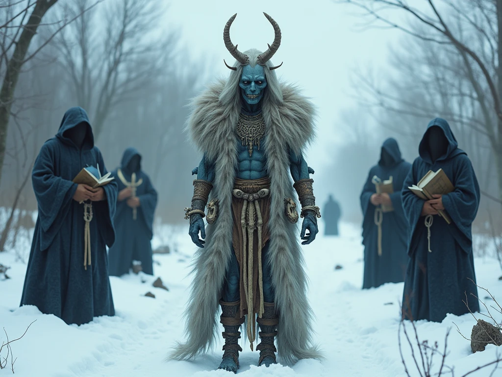 A scary frozen man in the snow wearing a pagan outfit and standing with ...