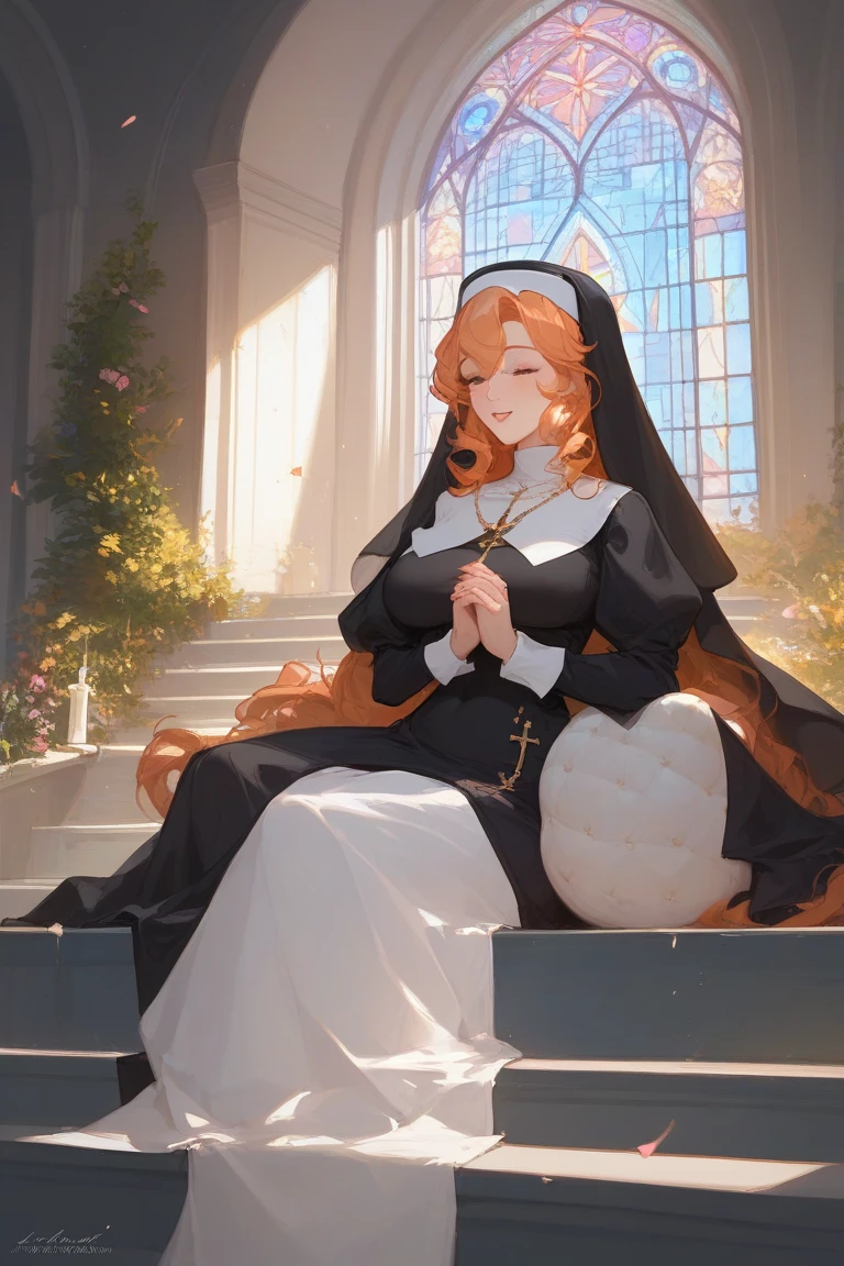 A serene and tender scene featuring a nun with long, flowing ginger ...