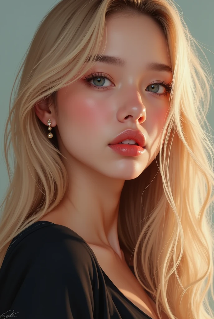 A close up of a woman with long blonde hair wearing a black top - SeaArt AI