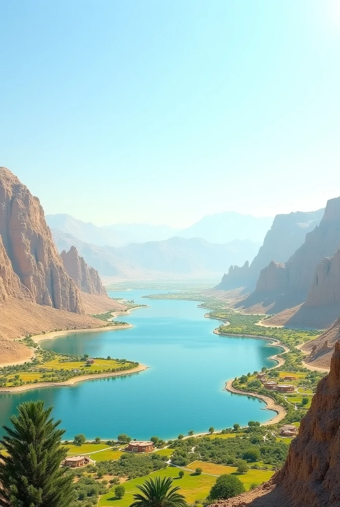 Draw me an artificial lake in the desert surrounded by farms - SeaArt AI