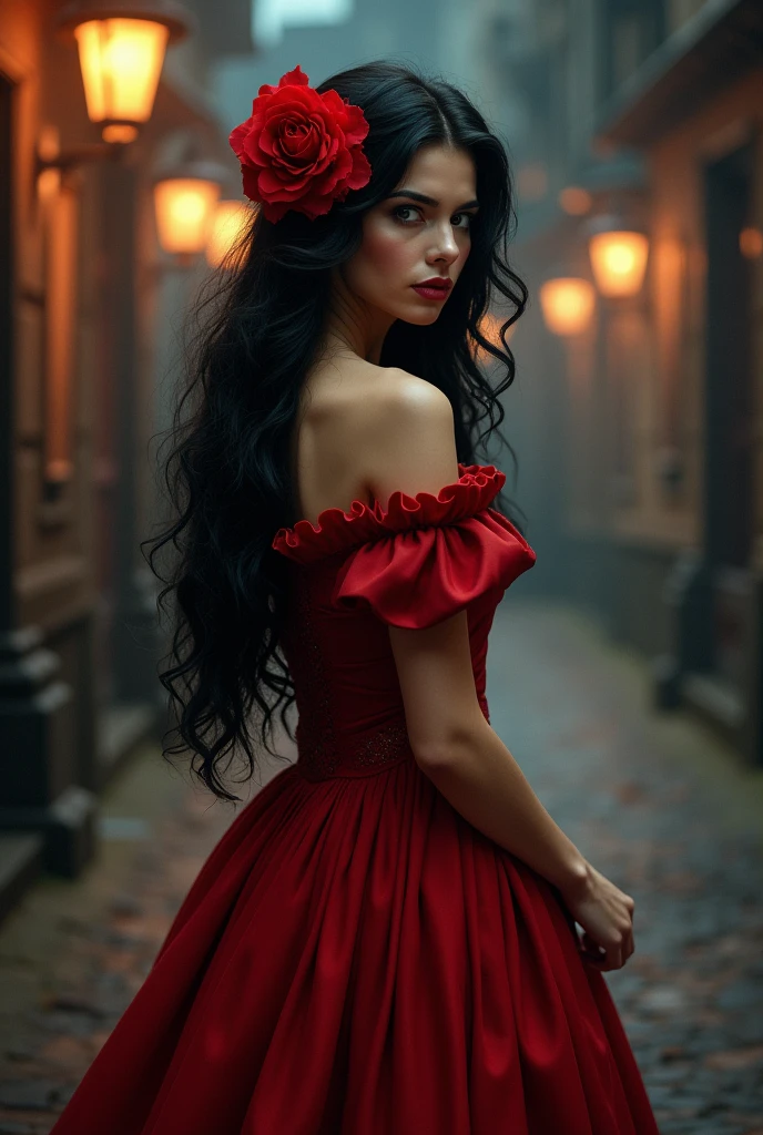Beautiful woman with long black hair with red flower in her hair long ...