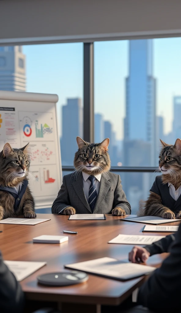 "A realistic depiction of the fluffy tabby cat in formal office attire ...