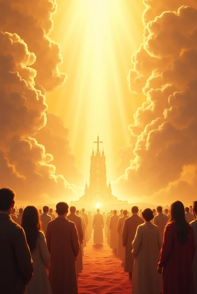 Happy people stand in front of God's heavenly throne - SeaArt AI