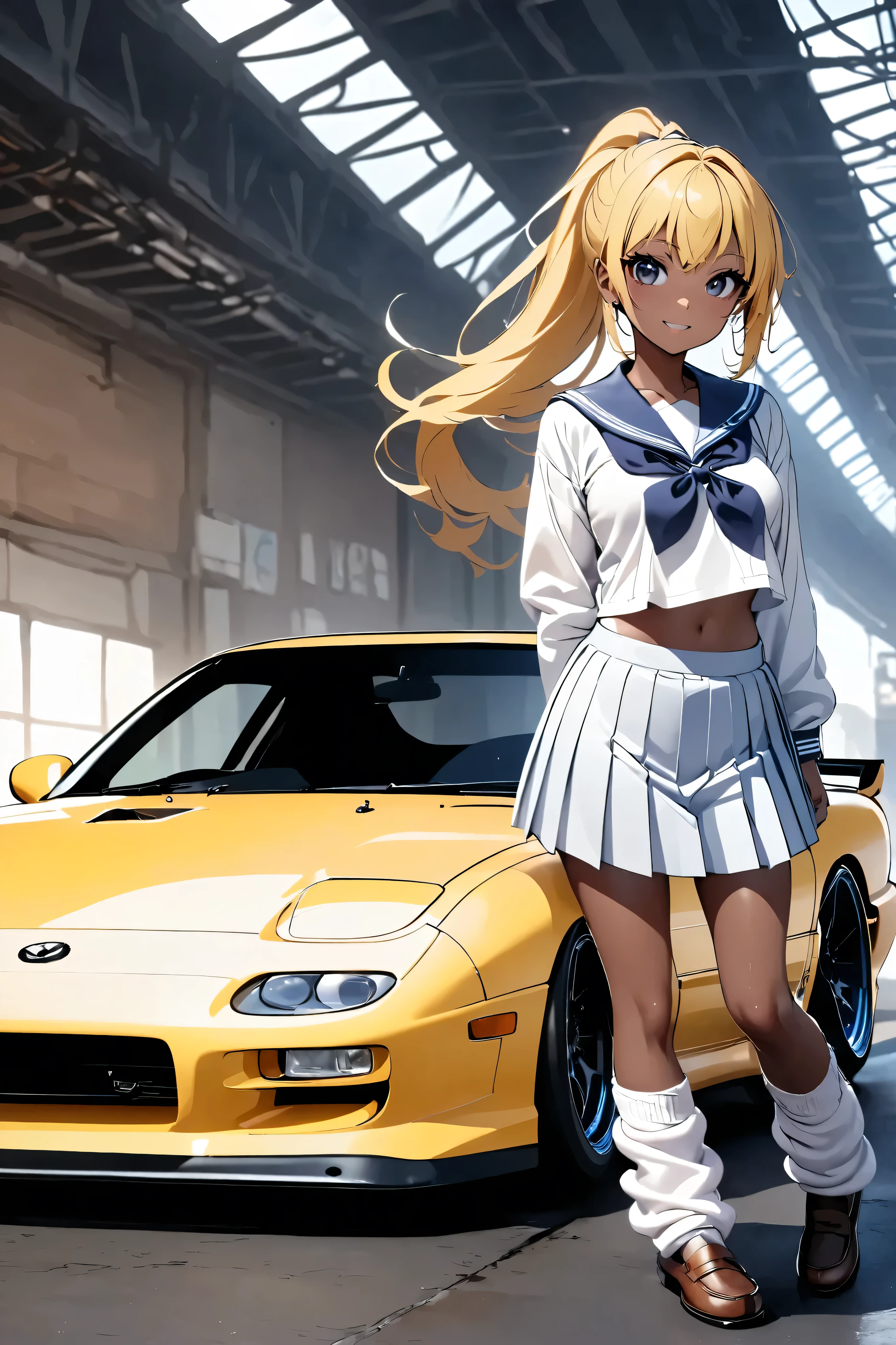 Anime girl in uniform standing next to a yellow sports car - SeaArt AI