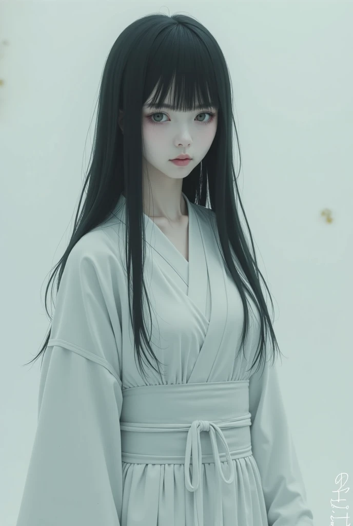 Sickly、 Japanese、 girl、 white yukata、 long black hair、ストレートヘア - SeaArt AI