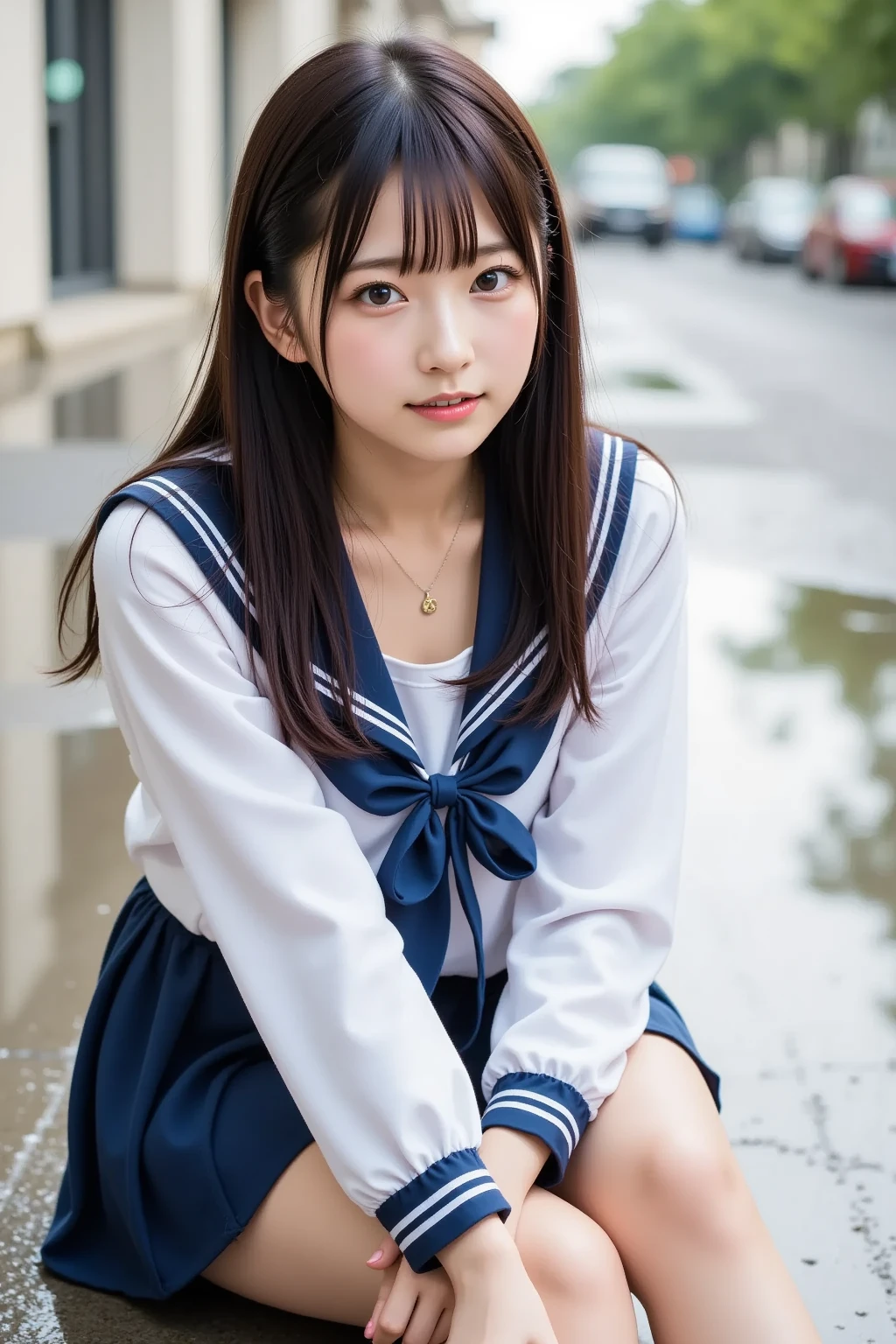 wearing a navy blue skirt and a traditional long-sleeved sailor suit ...