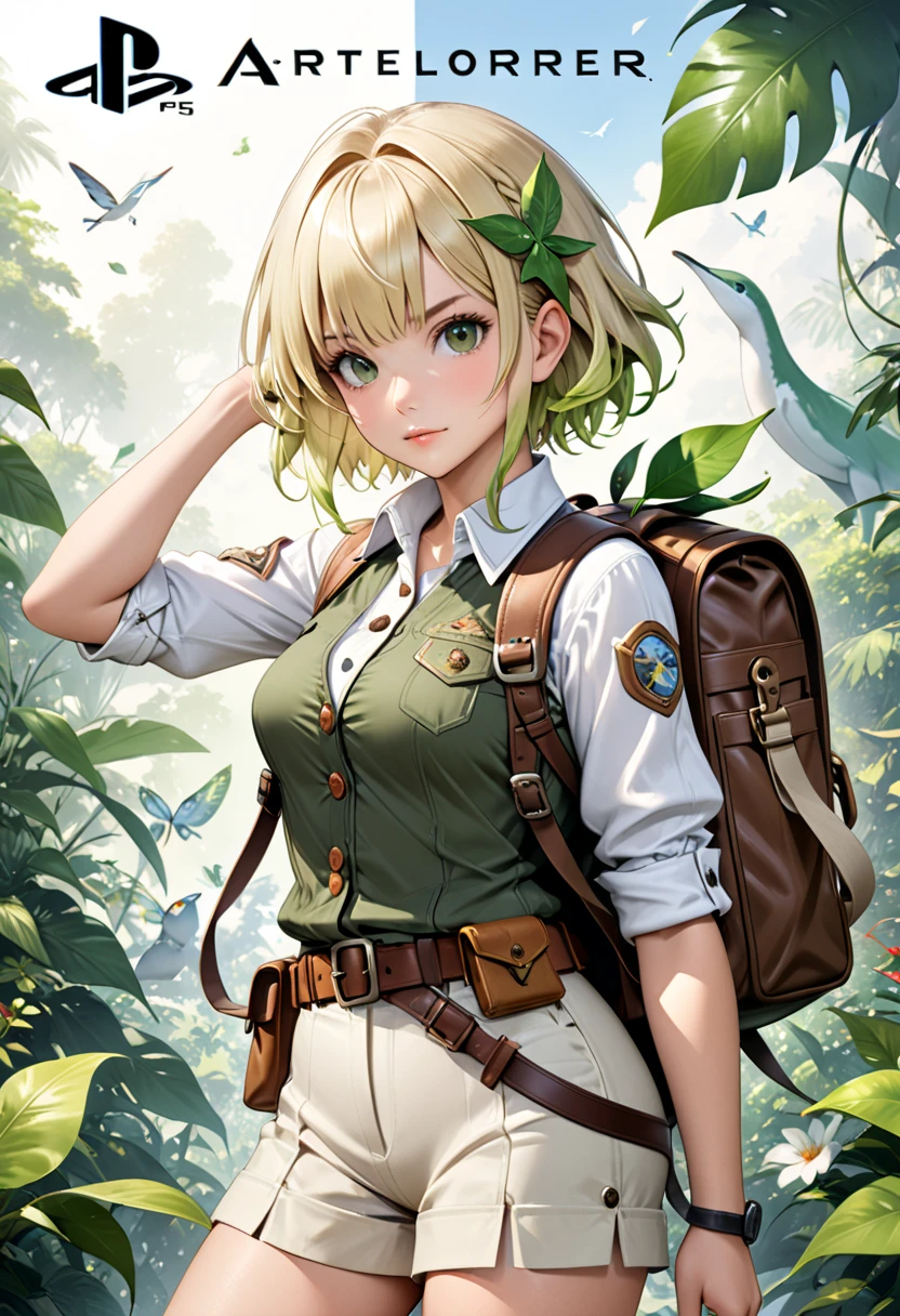 A PS5 video game cover ,a girl from atelier , explorer clothes classic ...