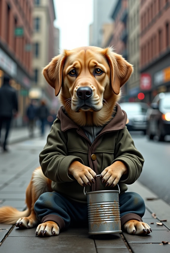 Labrador, Dog on the street with torn clothes asking for money - SeaArt AI