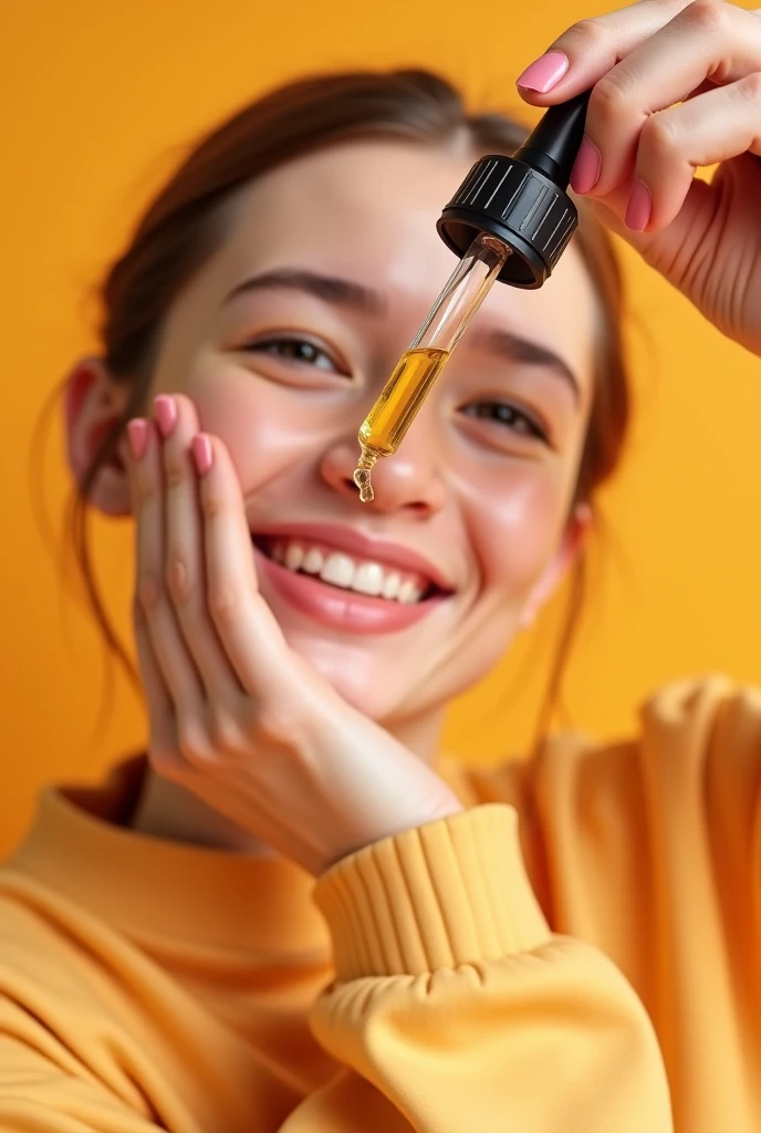 Generate a girl with smiling face using vitamin c serum droping with ...