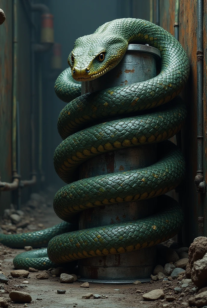 Snake coiled and squeezing a metal tube - SeaArt AI