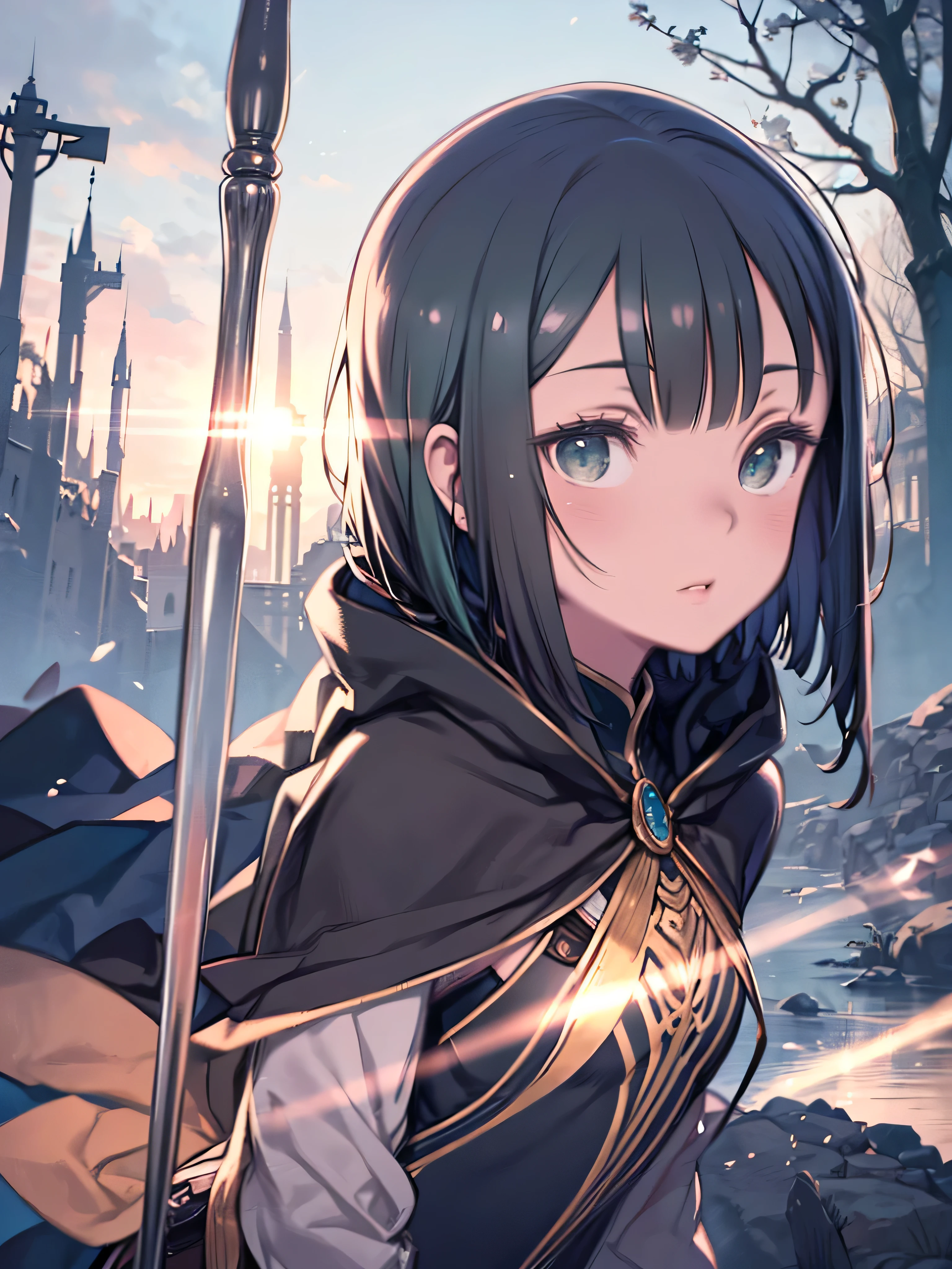 Anime girl with sword and cape standing in front of a castle - SeaArt AI