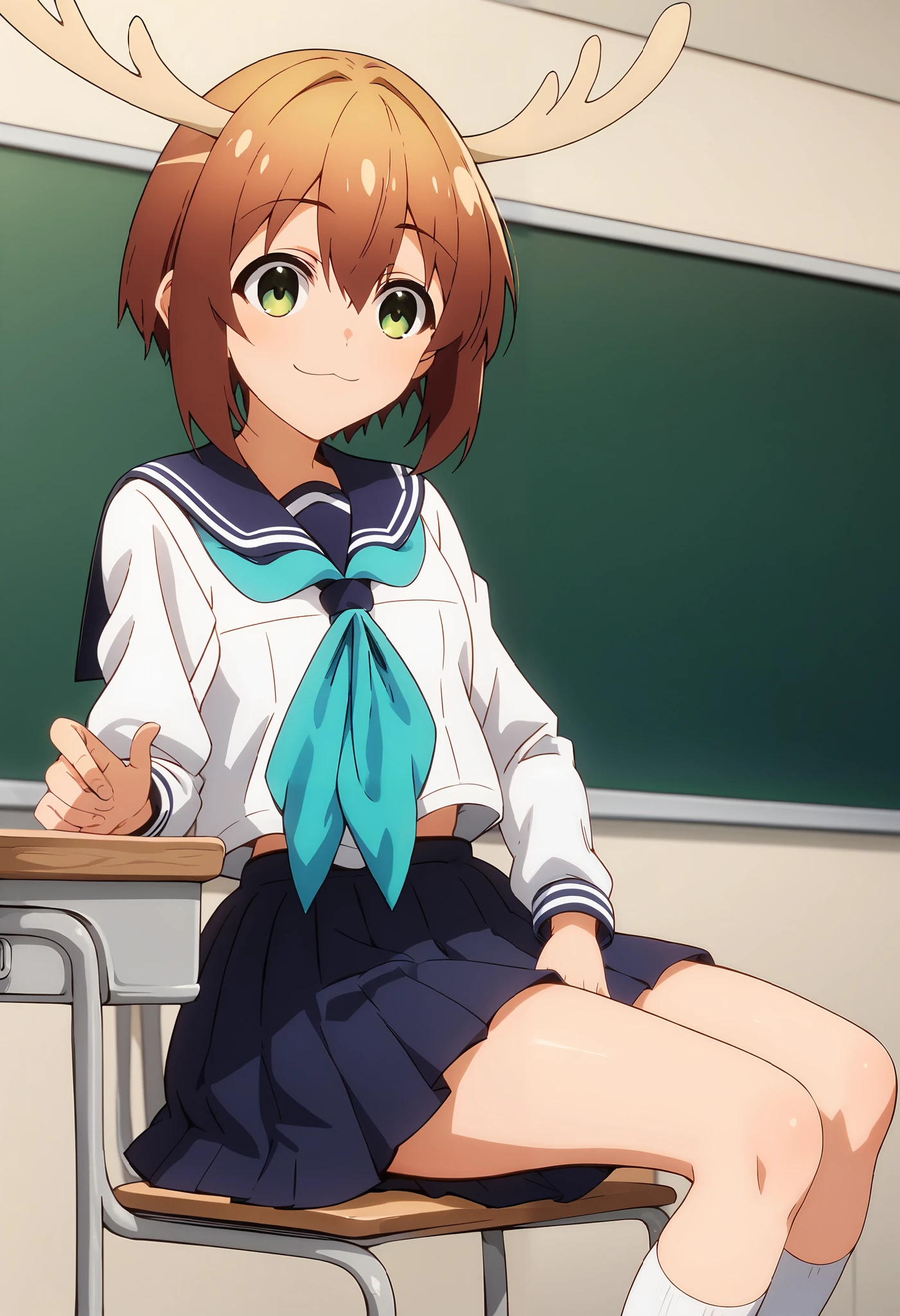 Anime girl sitting on a desk in front of a blackboard - SeaArt AI