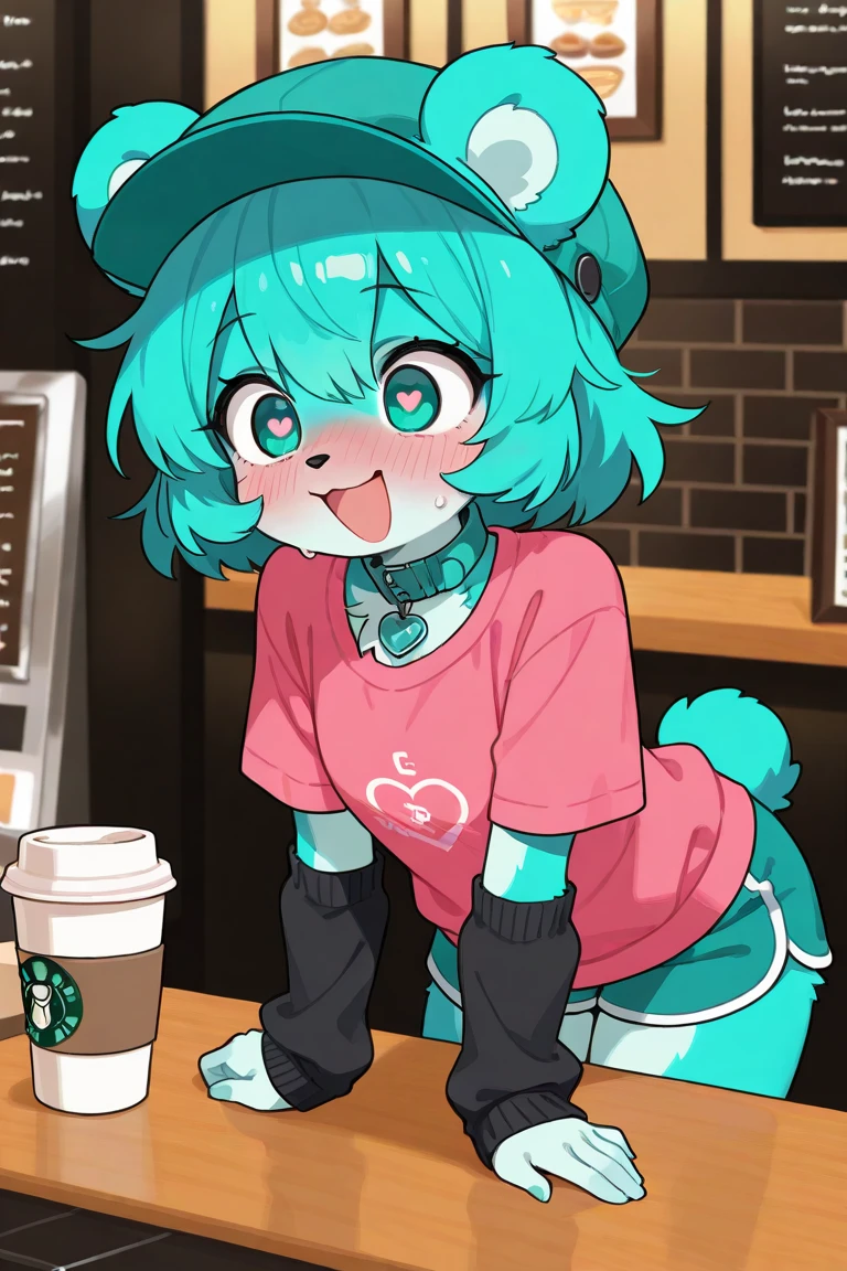 1girl, solo, teal fur, furry body, bear ears, teal hair, surprised ...