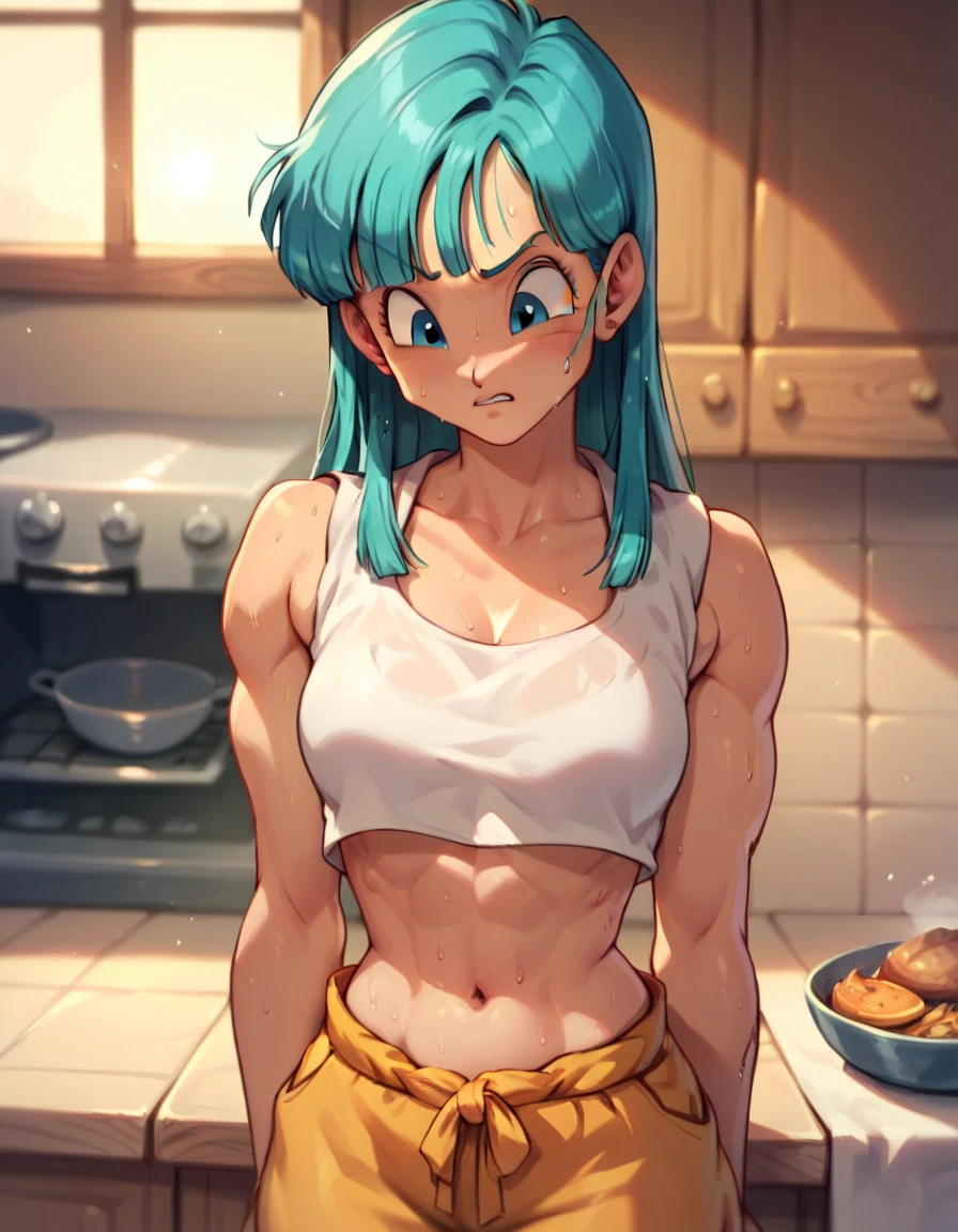 Bulma long hair from Dragon Ball, dressed as a sexy cook , neckline - SeaArt AI