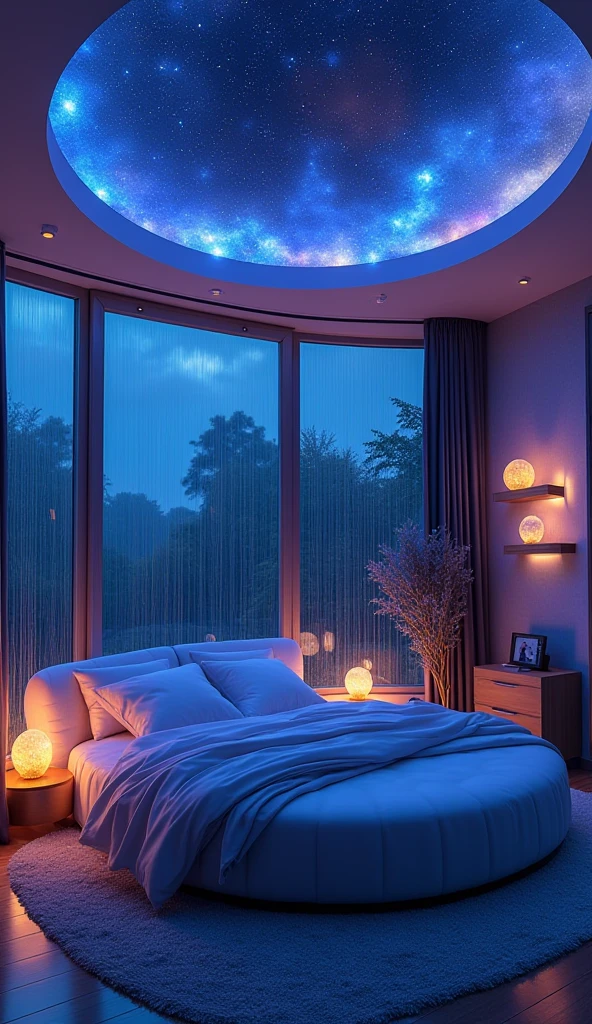 An ultra-realistic cozy bedroom with a starry galaxy-themed ceiling ...